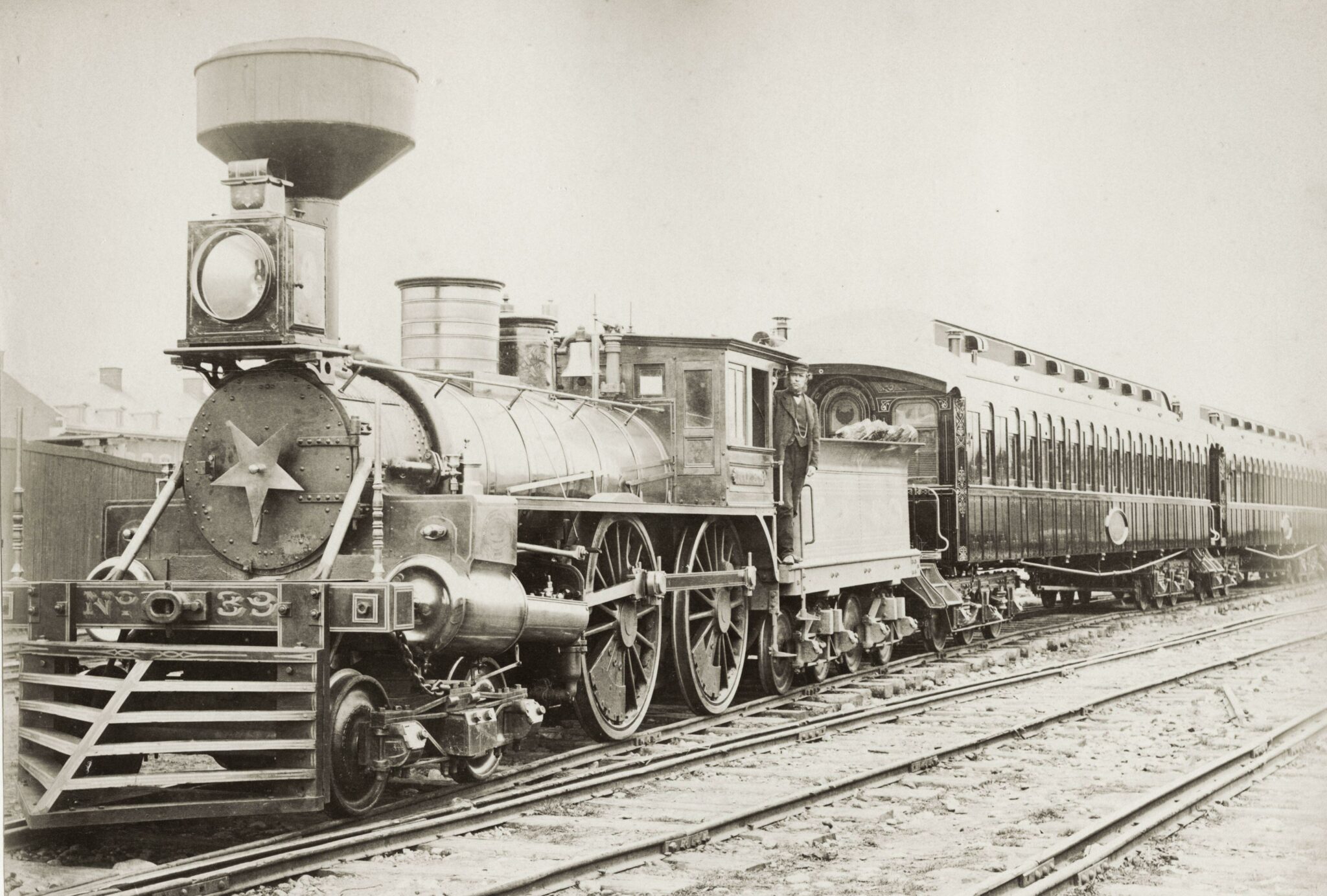 Vintage 19th century photograph: American steam locomotive with cow ...